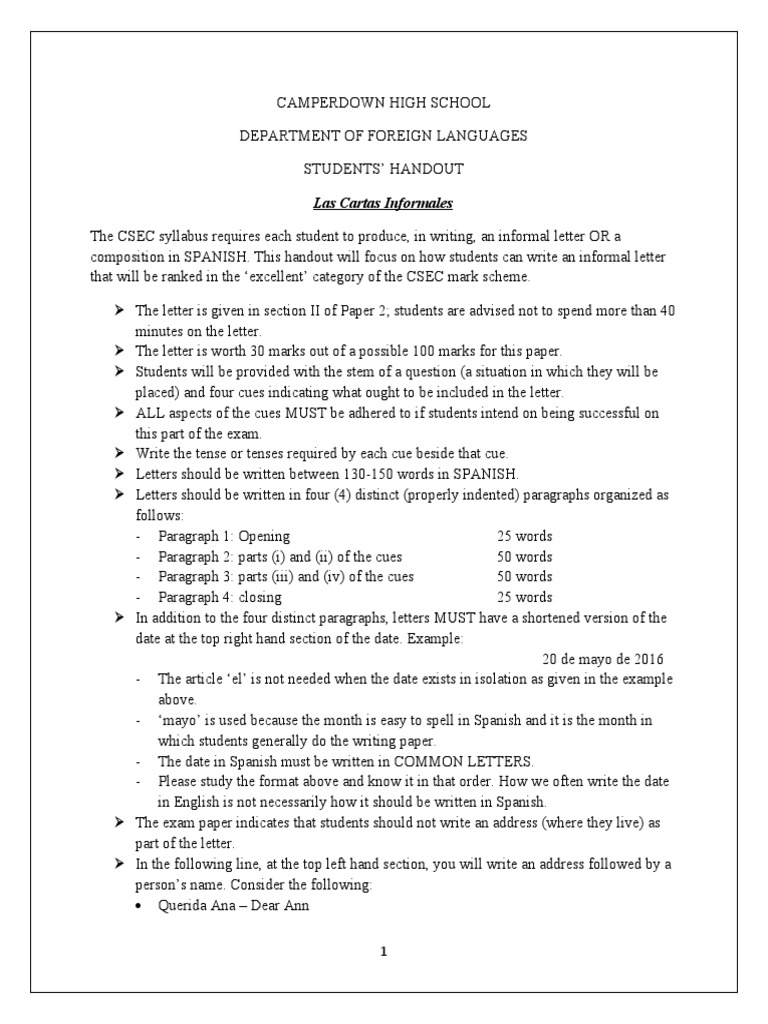 Informal Letters Csec Spanish Final-1-1 | PDF | Paragraph | Spanish ...