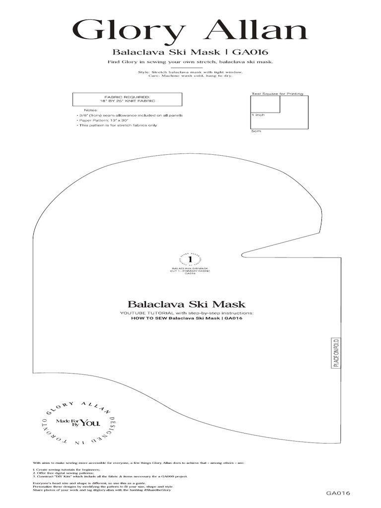 Glory Allan - GA016 - Balaclava Ski Mask Sewing Pattern - 13in X 30in | PDF