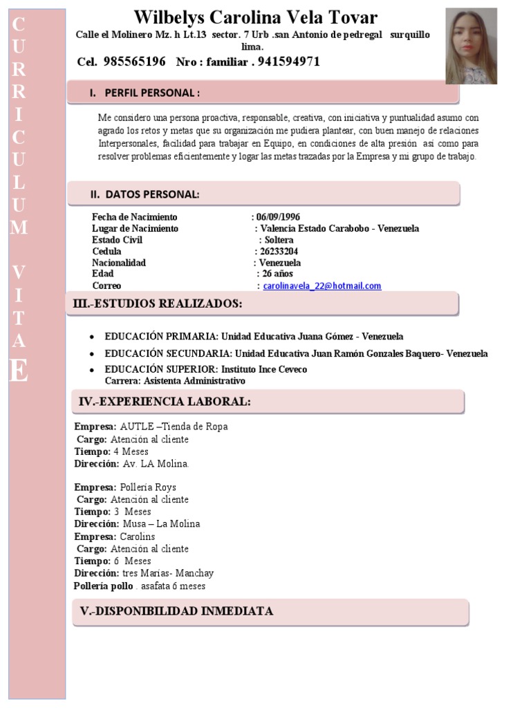 CURRICULUM VITAE Wilbelys Carolina Vela Tovar 2 | PDF