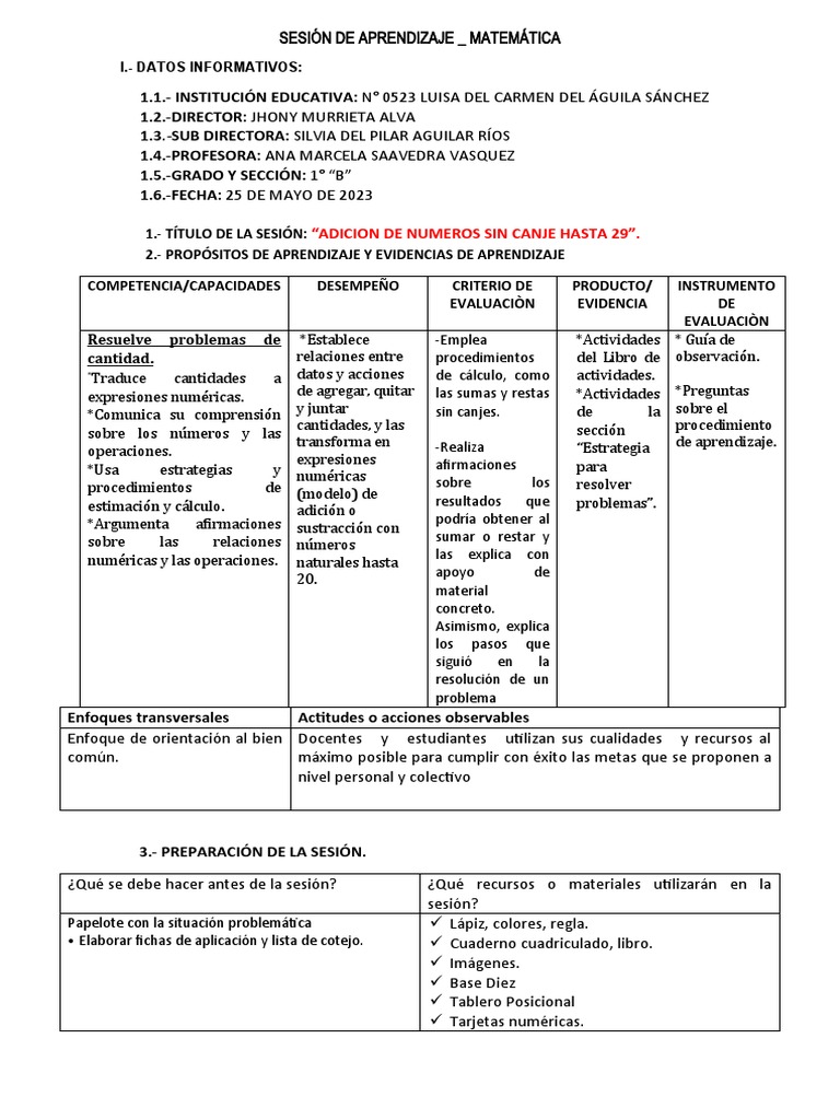 Sesión de Aprendizaje - Adicion Sin Canje Con Decenas | PDF | Modificación de comportamiento ...