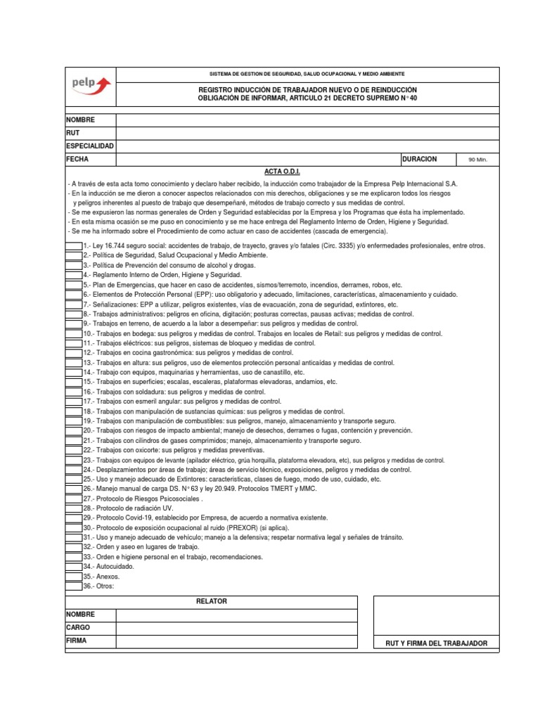 FORMATO ODI PI | PDF | Seguridad y salud ocupacional