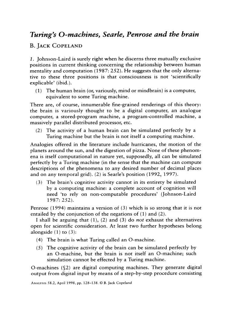 Copeland - Turing's O-Machines, Searle, Penrose and The Brain | PDF ...