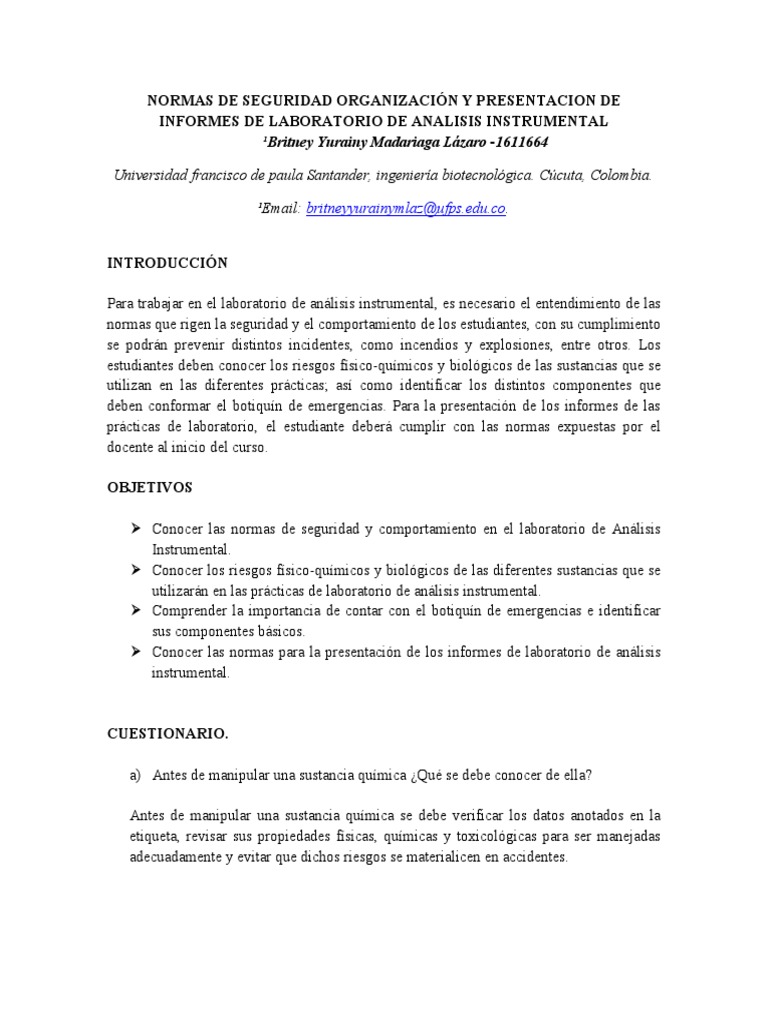 Normas de Seguridad Informe | PDF | Laboratorios | Agua Normas de Seguridad Informe | PDF | Laboratorios | Agua