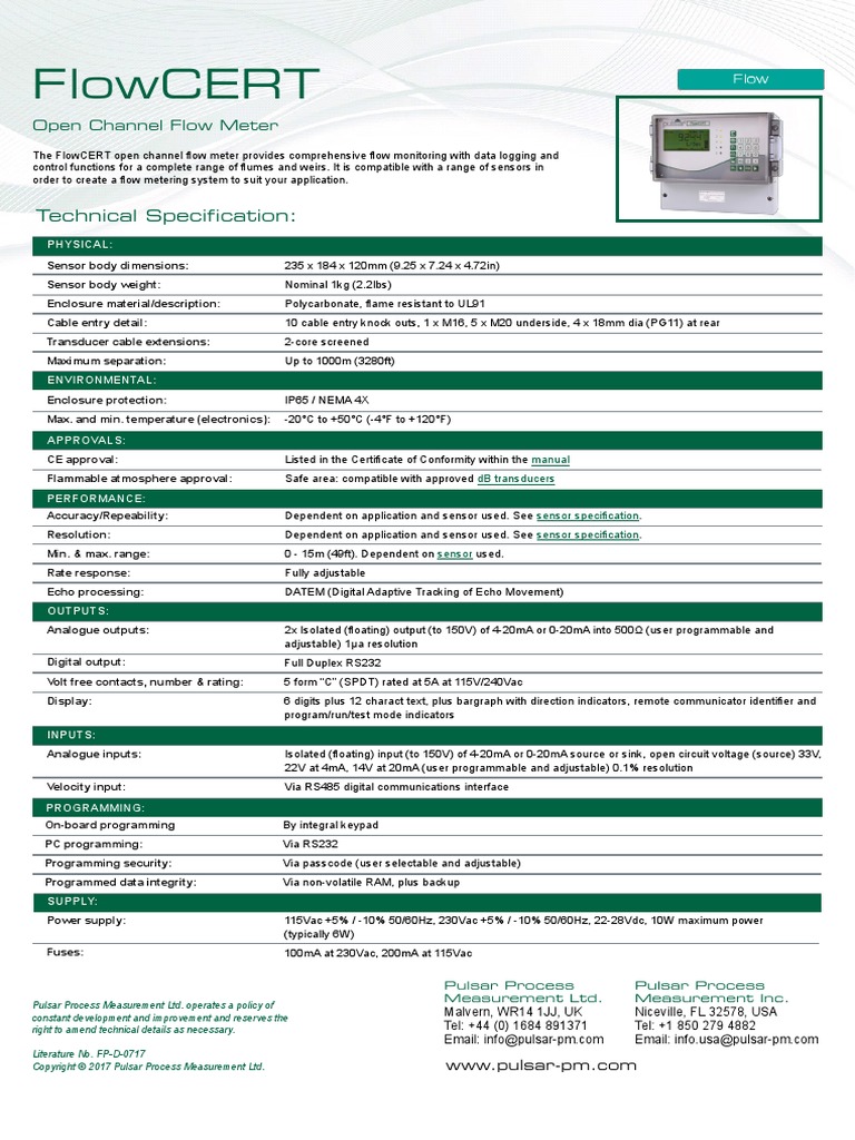 FlowCERT Pulsar Open Chanel Flow Meter | PDF | Sensor | Power Supply