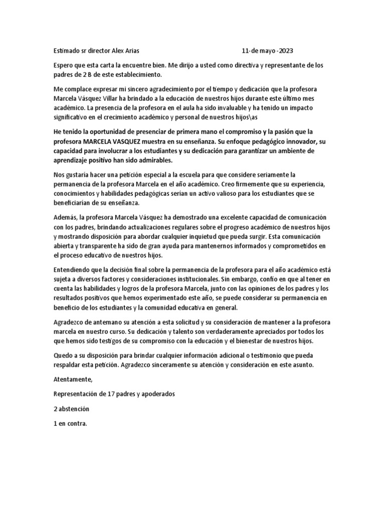Estimado sr director Alex Arias 11 | PDF | Maestros | Enseñando