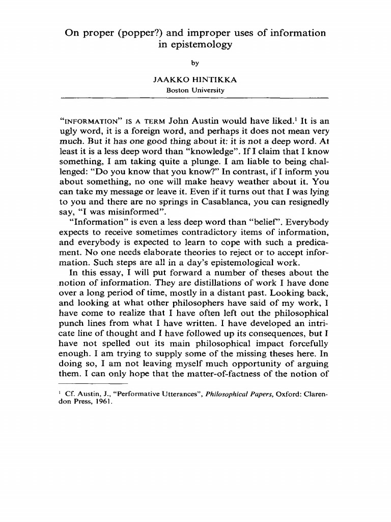 Hintikka, Jaakko On Proper (Popper) and Improper Uses of Information in ... Hintikka, Jaakko On Proper (Popper) and Improper Uses of Information in ...