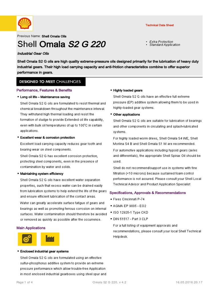 Shell Omala S2 G 220 Datasheet | Download Free PDF | Gear | Building Engineering