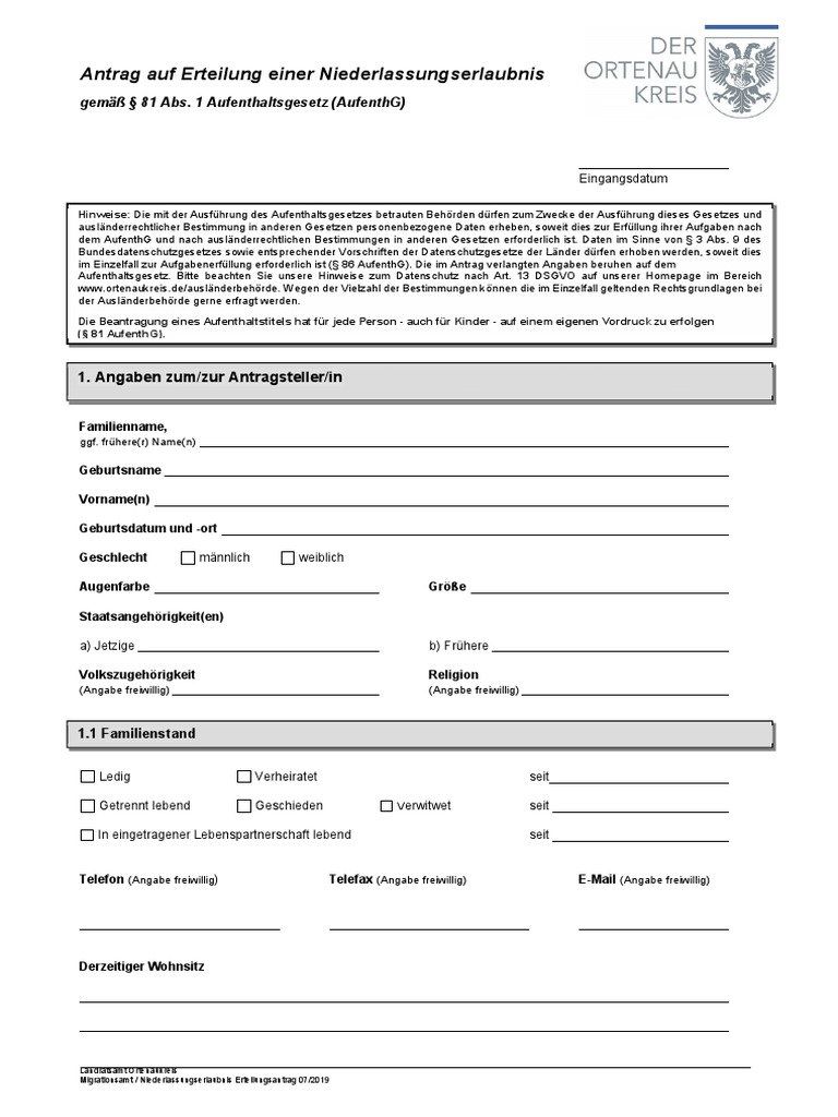 Antrag Auf Erteilung Einer Niederlassungserlaubnis | PDF