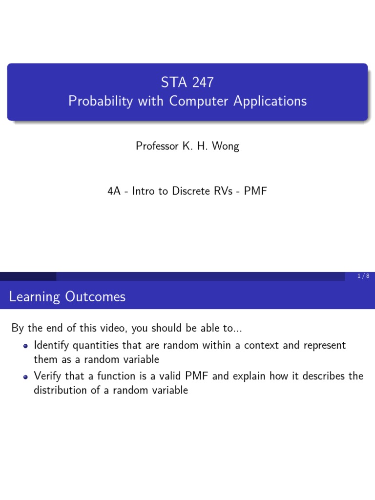 4A - Intro To Discrete RVs PMF | PDF | Random Variable | Probability ...