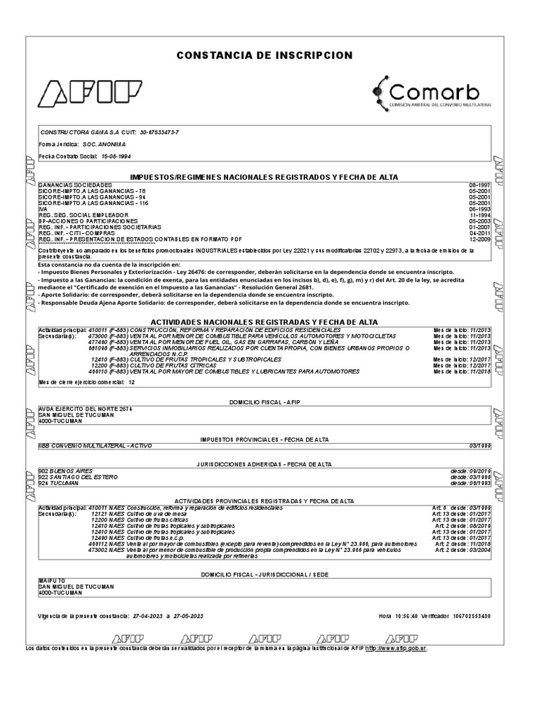 Constancia Afip Constructora Gama S.A. | PDF | Gobierno | Economias