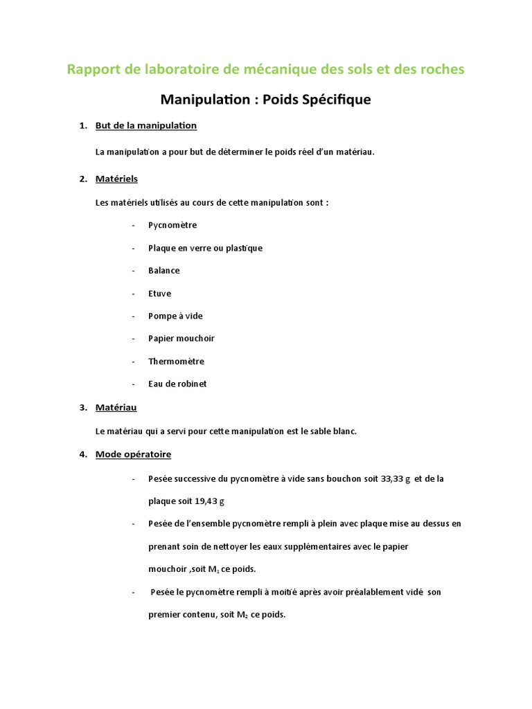Rapport Poids Spécifique | PDF | Matériaux naturels | Sol (pédologie)