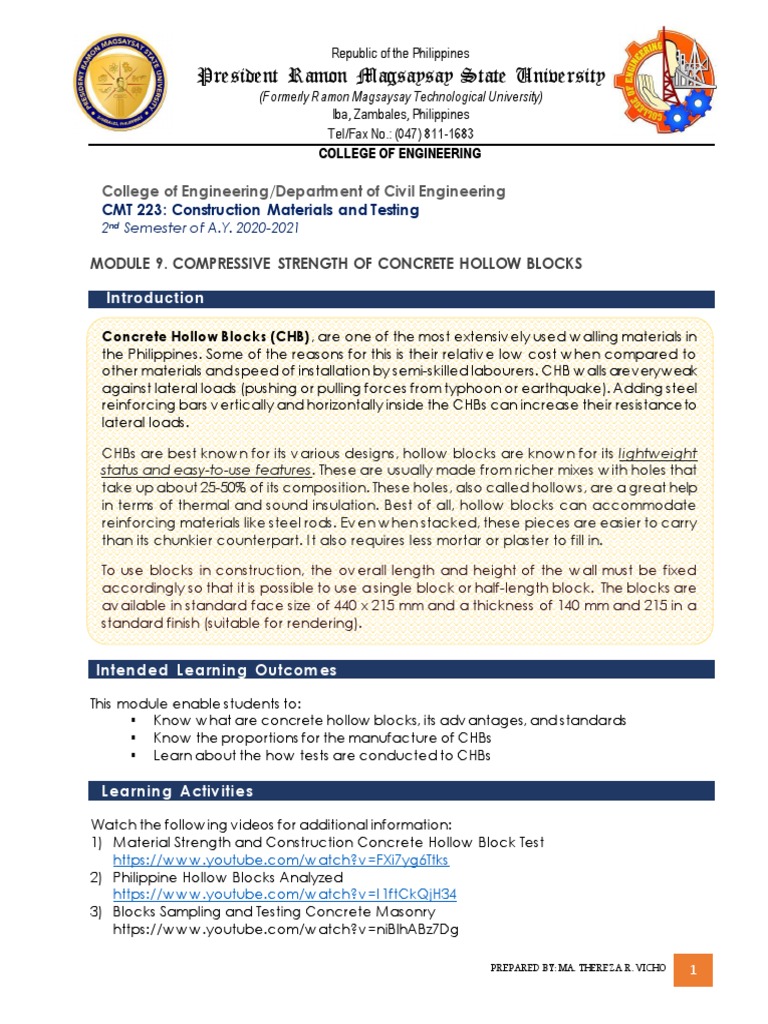 CMT - Module 9. Compressive Strength of Hollow Blocks | PDF | Concrete | Masonry