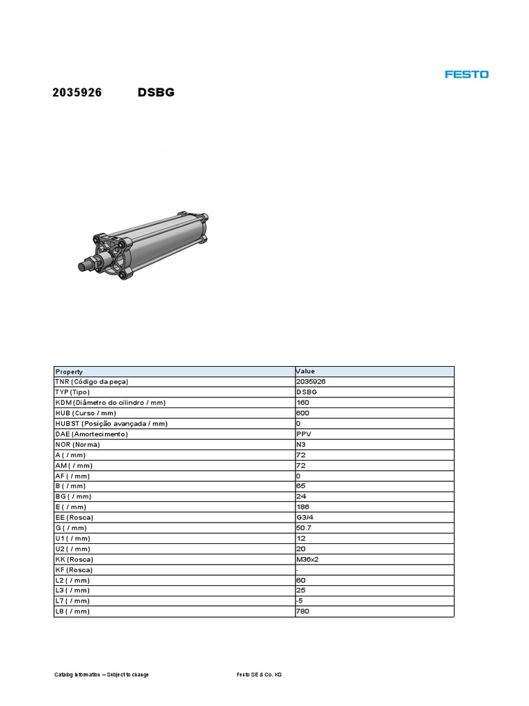 Especificações do Cilindro DSBG Festo | PDF