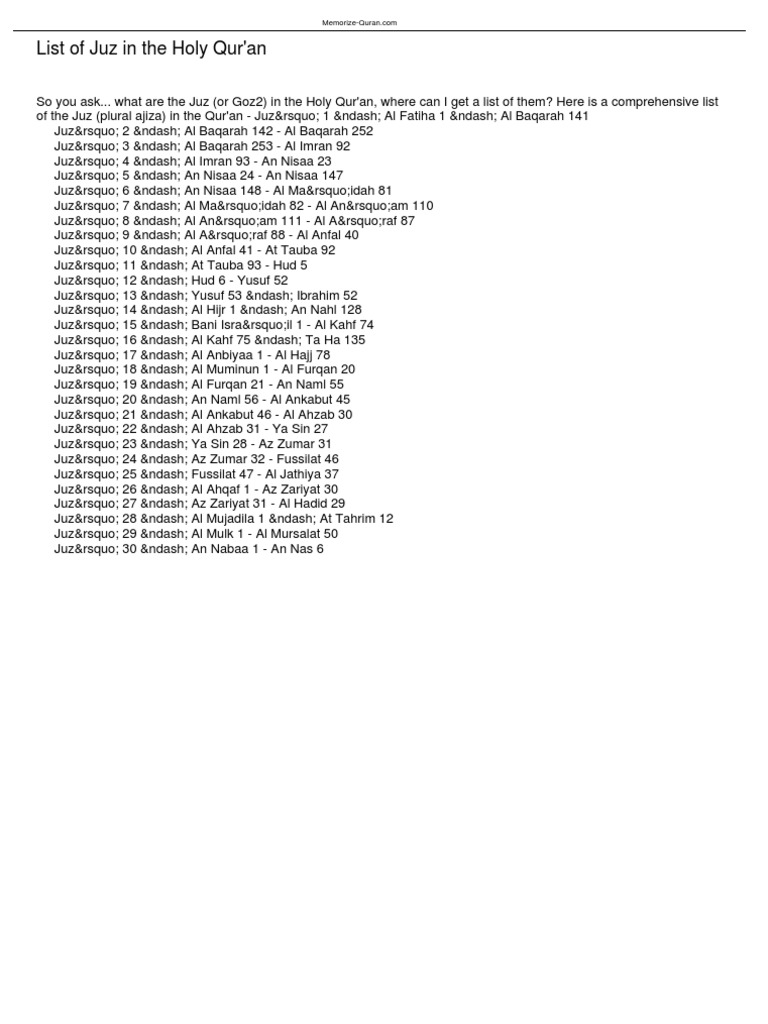 List of Juz in The Holy Qur'an | PDF