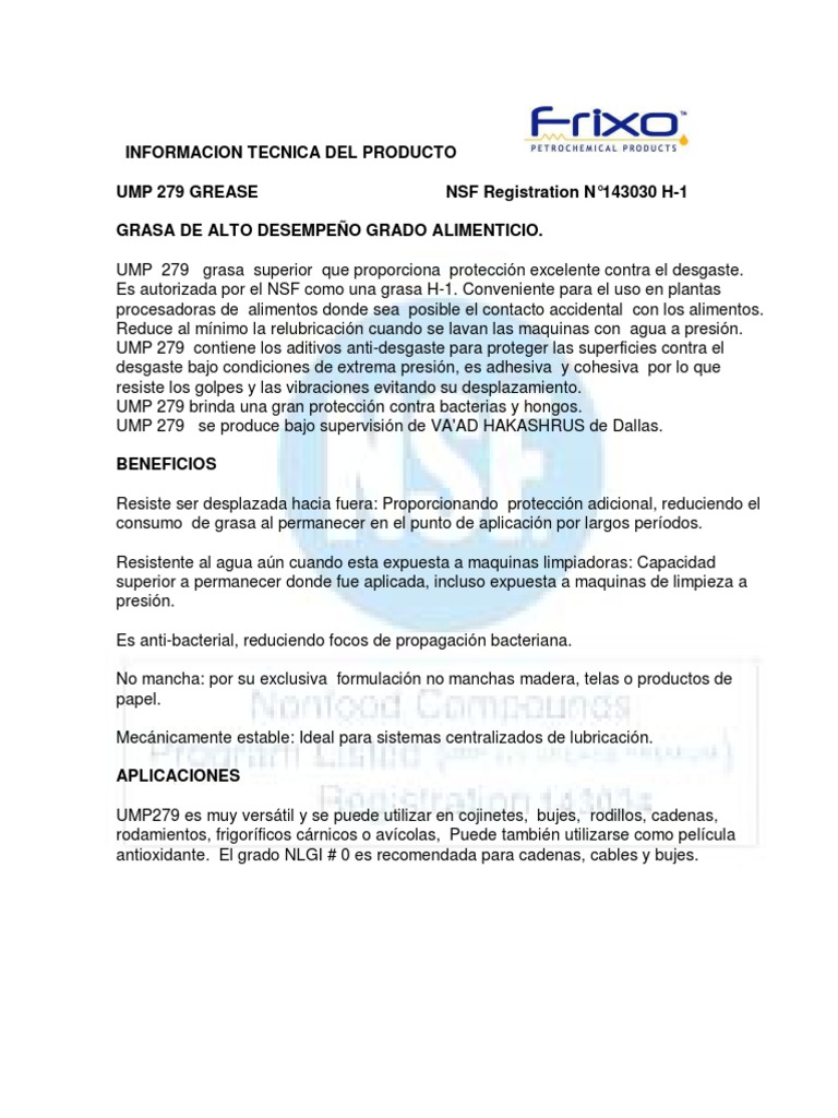 Ficha Tecnica F279 Grasa Grado Alimenticio Pdf Rodamiento Mecánico Materia Suave