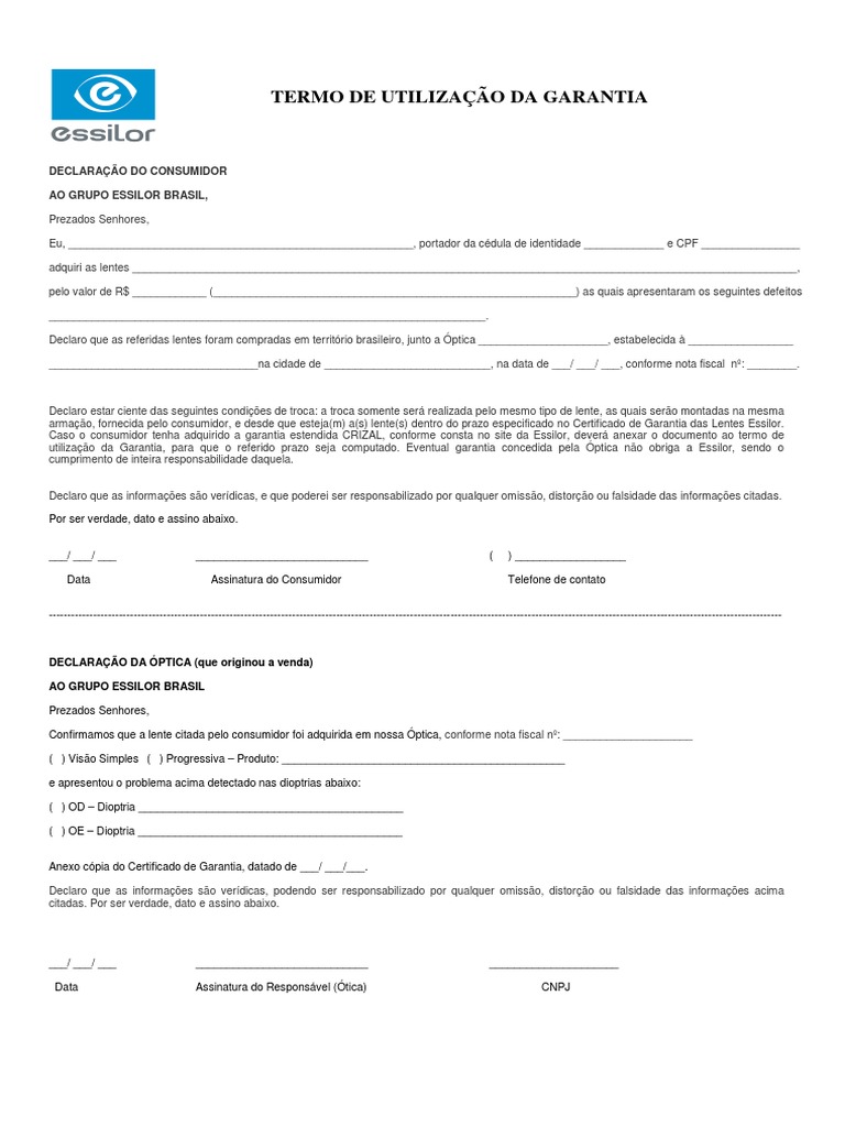 Termo de Utilização Da Garantia: Declaração Do Consumidor Ao Grupo ...