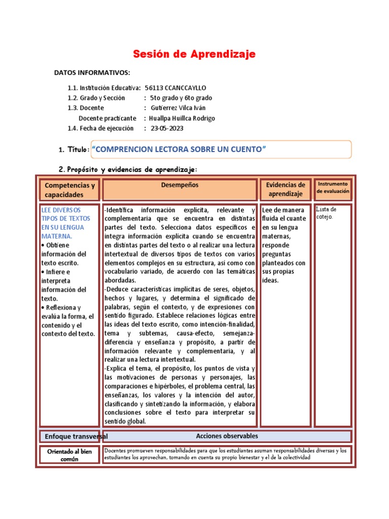 Sesión de Aprendizaje Comprencin de Textos en Quechua | PDF | Aprendizaje | Enseñando