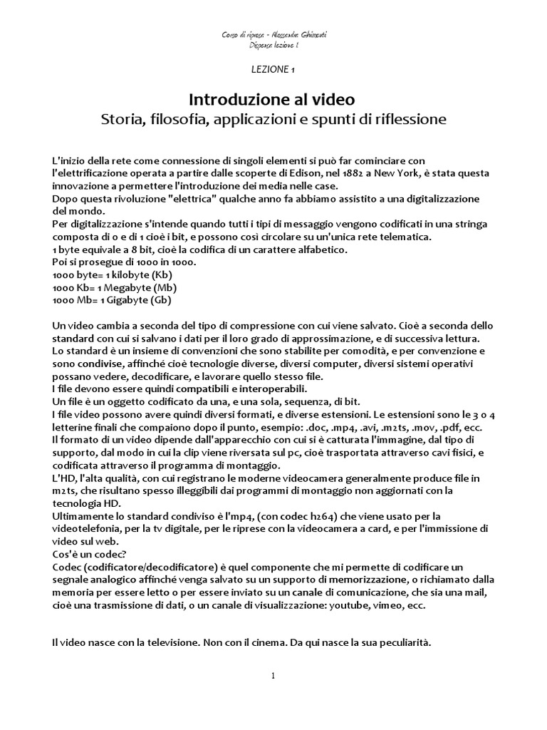 Lezione 1 - Video Lezione | PDF