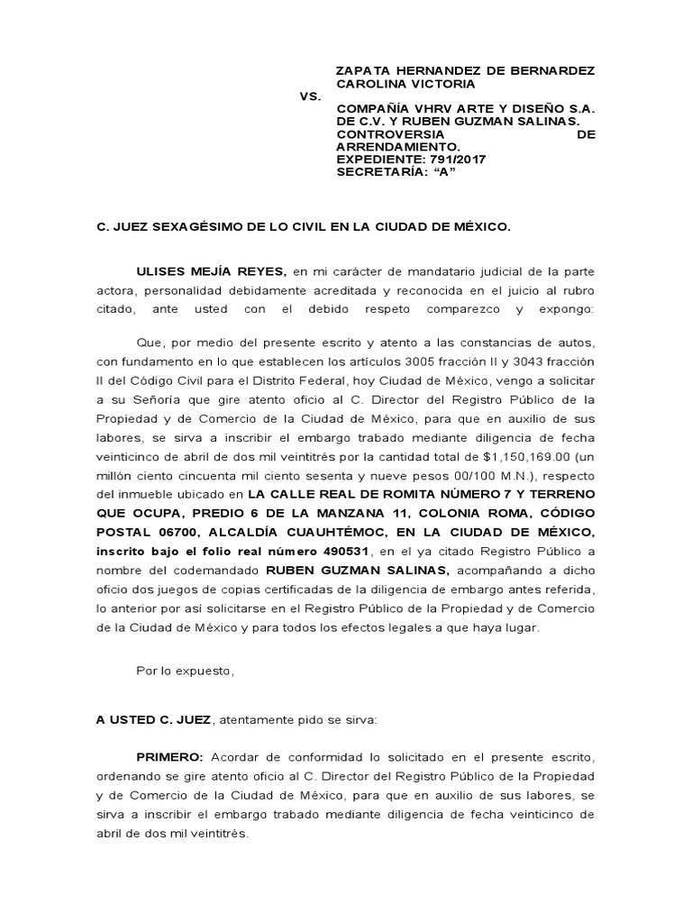 Escrito Inscripción Embargo | PDF | Ciudad de México | México