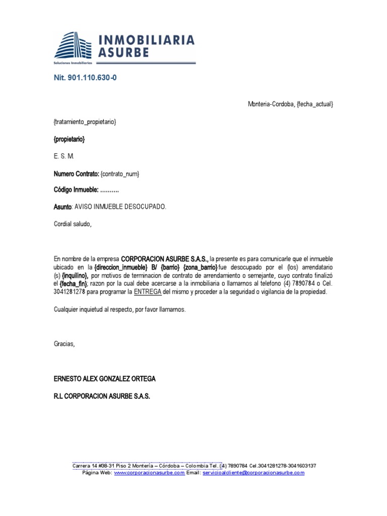 Aviso de Desocupación de Inmueble | PDF | Derecho