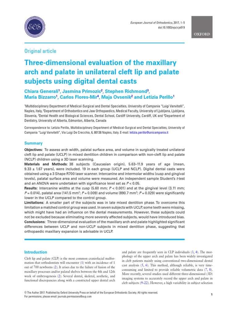 Three-Dimensional Evaluation of The Maxillary Arch and Palate in Unilateral Cleft Lip and Palate ...