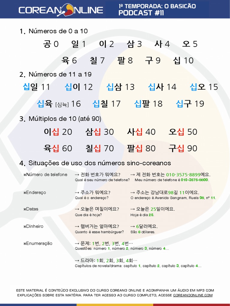 Exercícios Coreanos - Números Autor Coreano Online | PDF