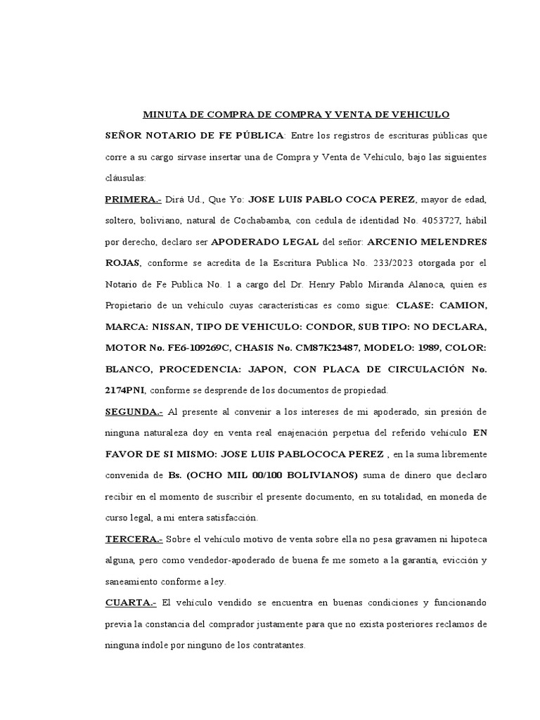 Minuta de Compra de Compra y Venta de Vehiculo Jose Luis Pablo Apoderado | PDF