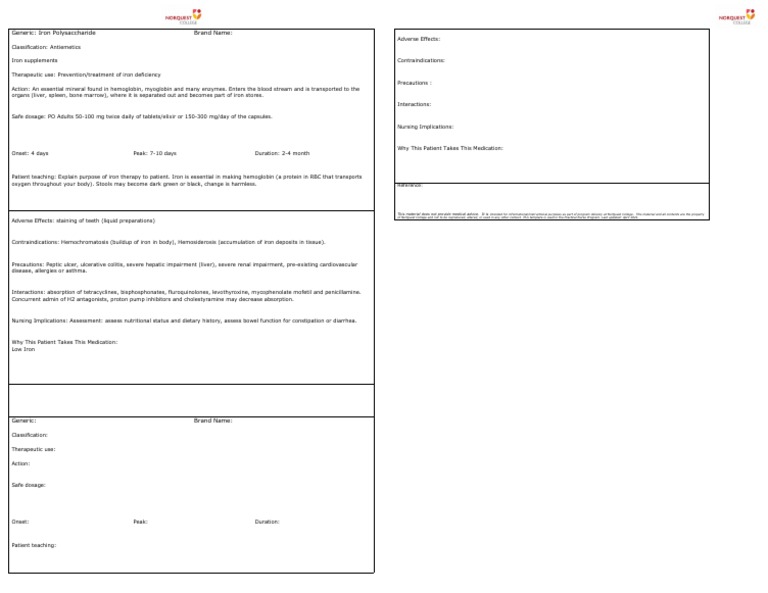 Medication Card Iron Polysaccharide | PDF | Iron | Diseases And Disorders