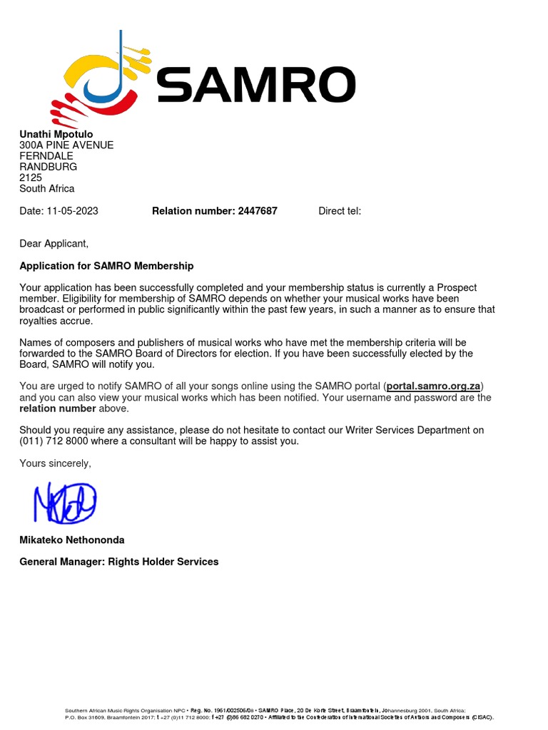 Application For SAMRO Membership With Agreement - Acknowledgement ...