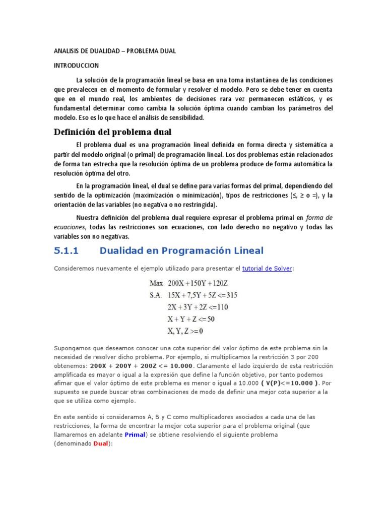 Informe Analisis Dual | PDF | Programación lineal | Ecuaciones