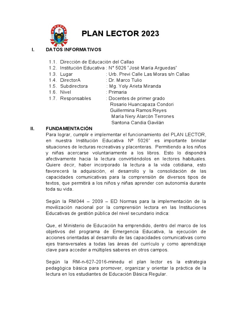 Plan Lector 2023 para Primer Grado | PDF | Educación primaria | Salón ...