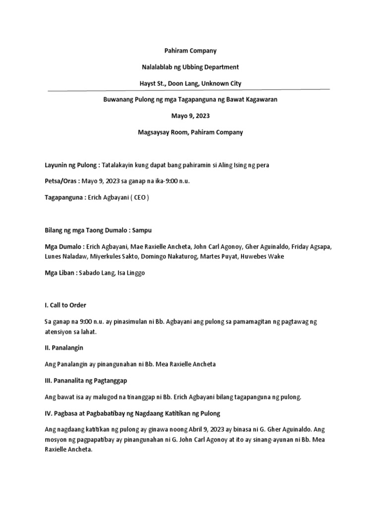 Katitikan NG Pulong Example | PDF