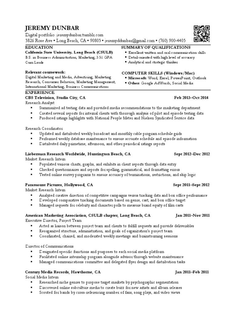 Jeremy Dunbar Resume | PDF | Marketing Research | Social Media