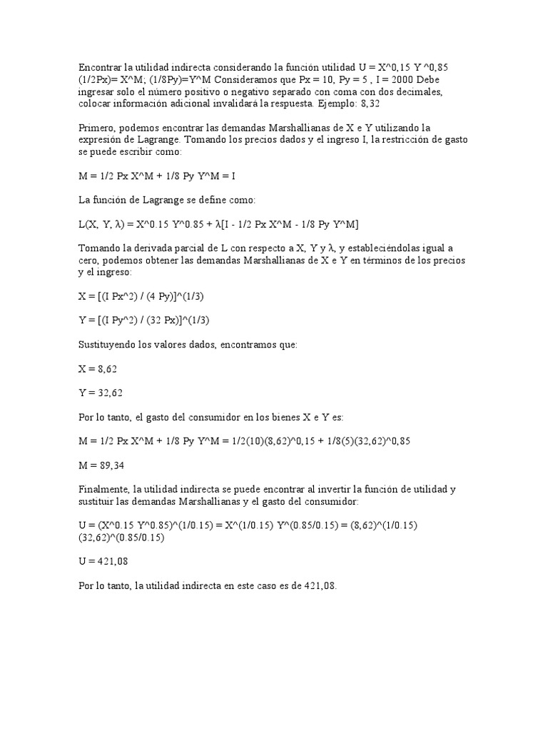 Encontrar La Utilidad Indirecta Considerando La Función Utilidad U | PDF
