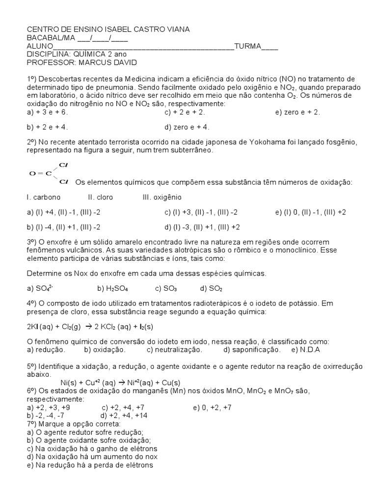 Prova de Quimica 2 Ano | PDF