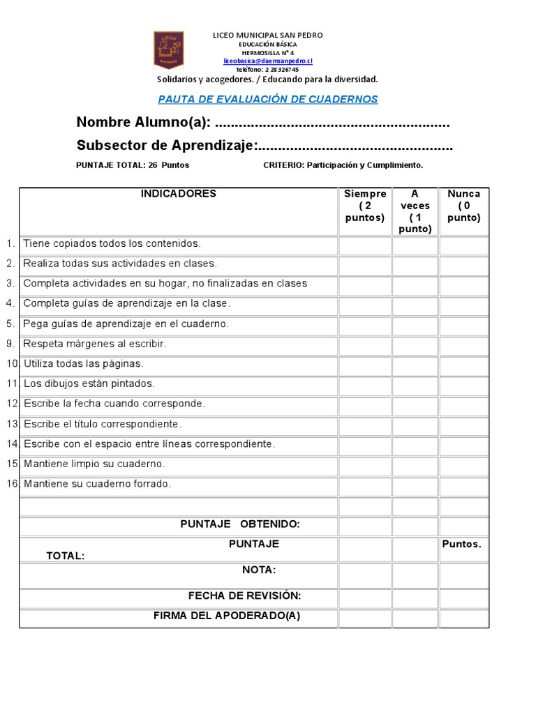 Pauta Evaluacion de Cuadernos | PDF