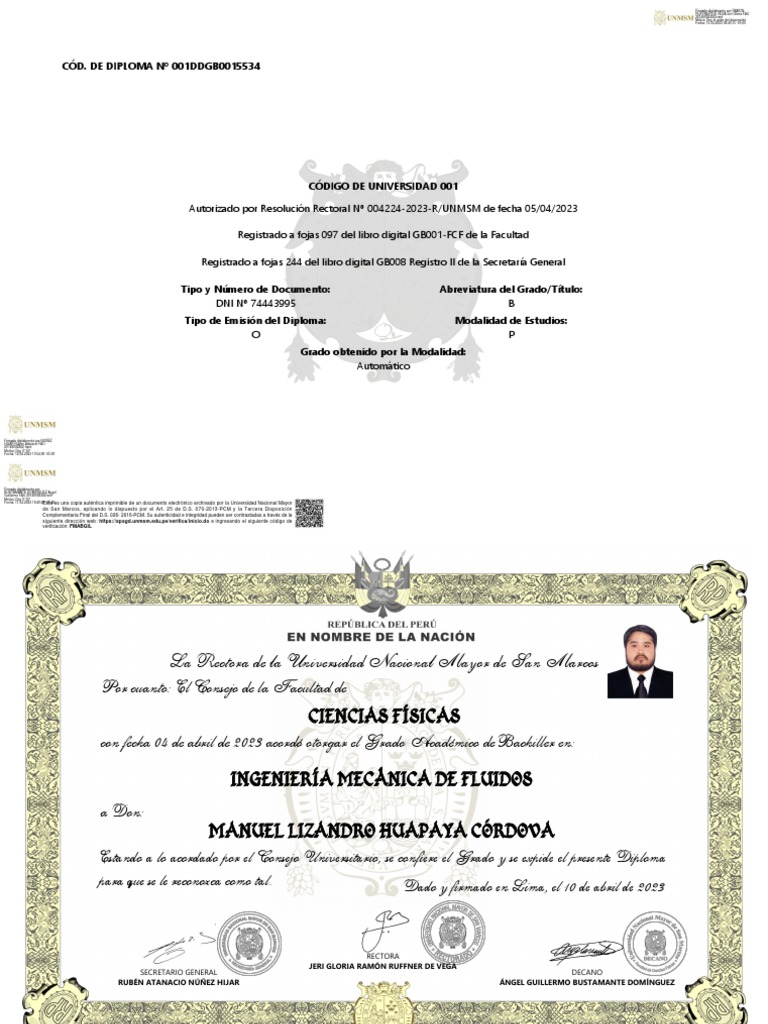 Diploma de Bachiller #001ddgb0015534-Unmsm | PDF