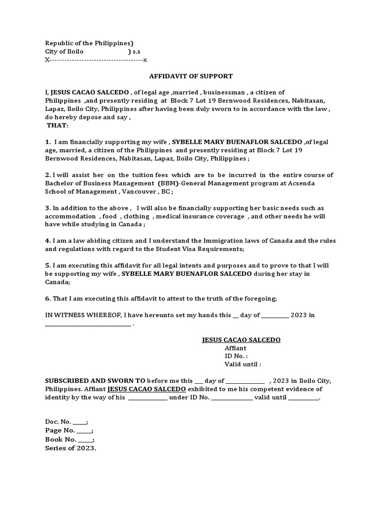 Sample Affidavit of Support Salcedo | PDF