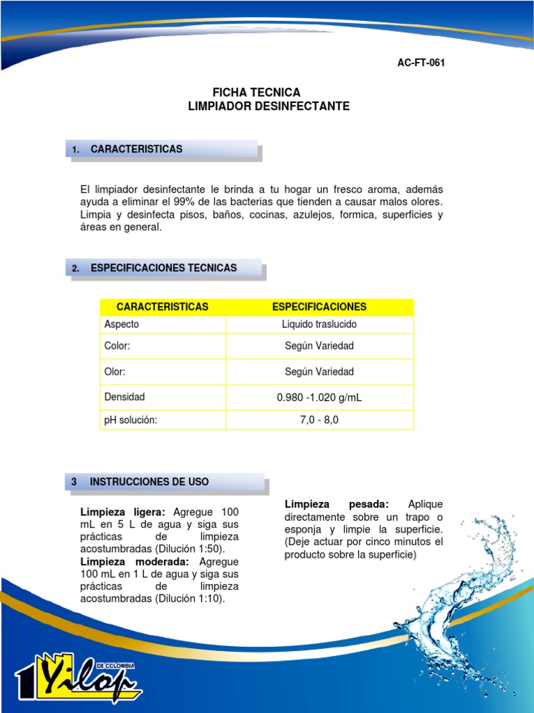 Ac-Ft-061 Ficha Limpiador Desinfectante | PDF | Agua | Química