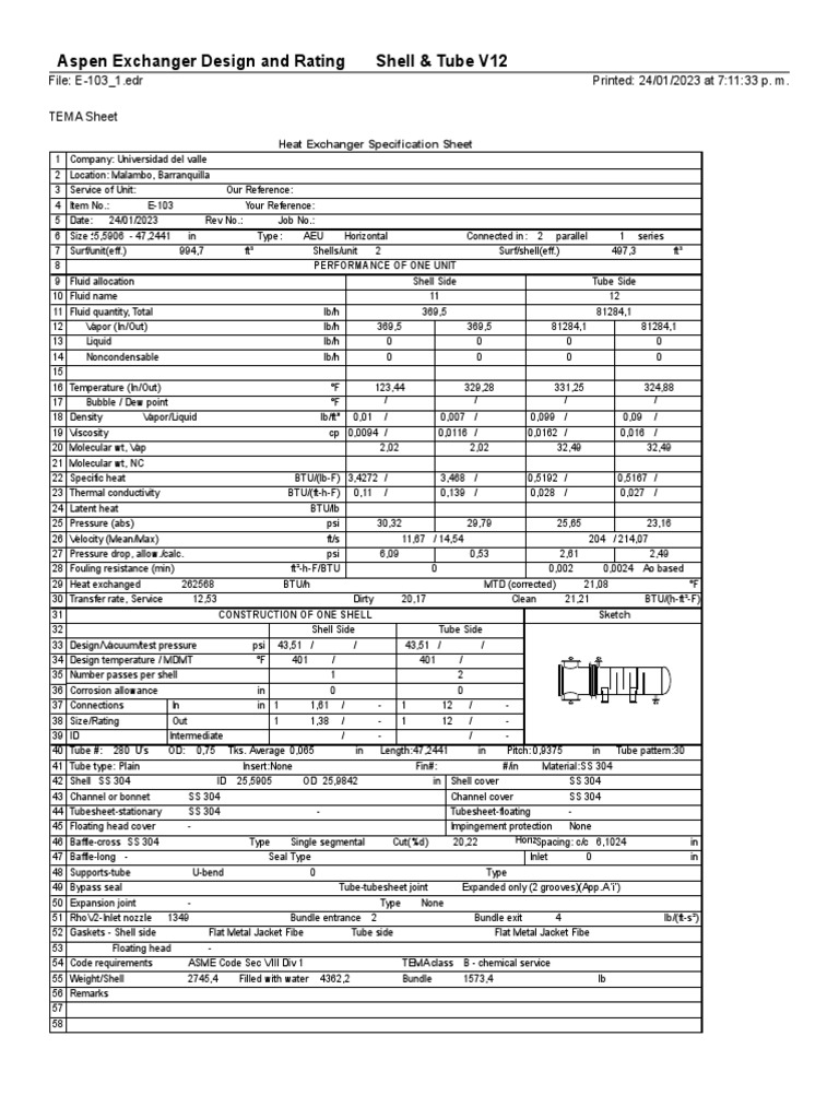 Aspen Exchanger Design and Rating Shell & Tube V12: File: E-103 - 1.edr Printed: 24/01/2023 at 7 ...