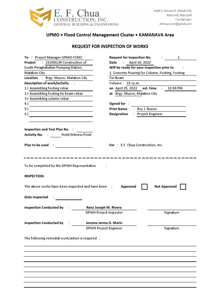 Request For Inspection (Concrete Pouring) | PDF | Concrete | Building ...