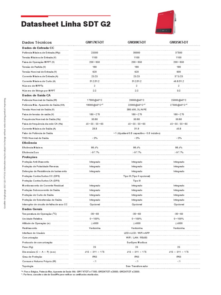 0ca89 Datasheet Goodwe SDT g2 17 20kw | PDF | Energia elétrica | Ciência de Materiais