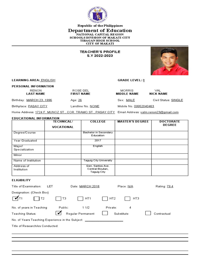 Teacher Profile: Rose Gel Renon, English | PDF | Educational Technology ...