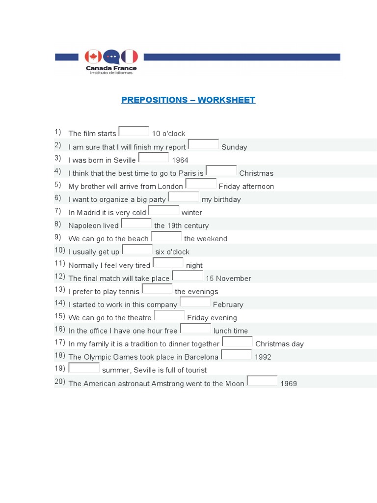 Prepositions Worksheet | PDF