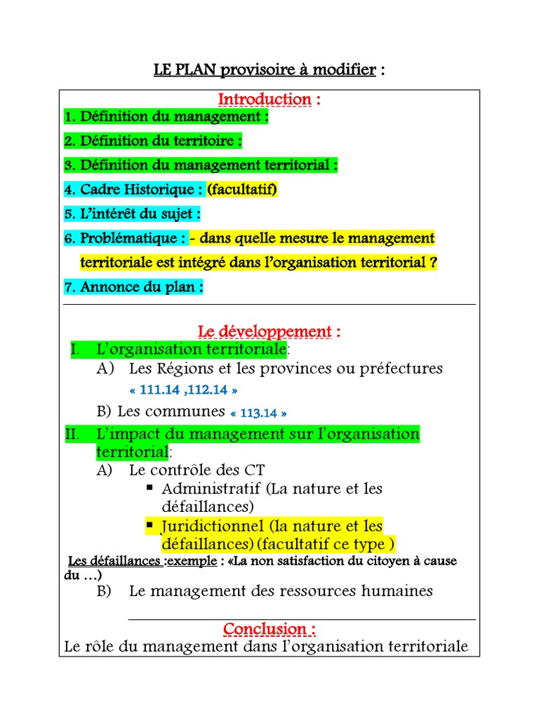 Management Territorial : Plan Provisoire | PDF