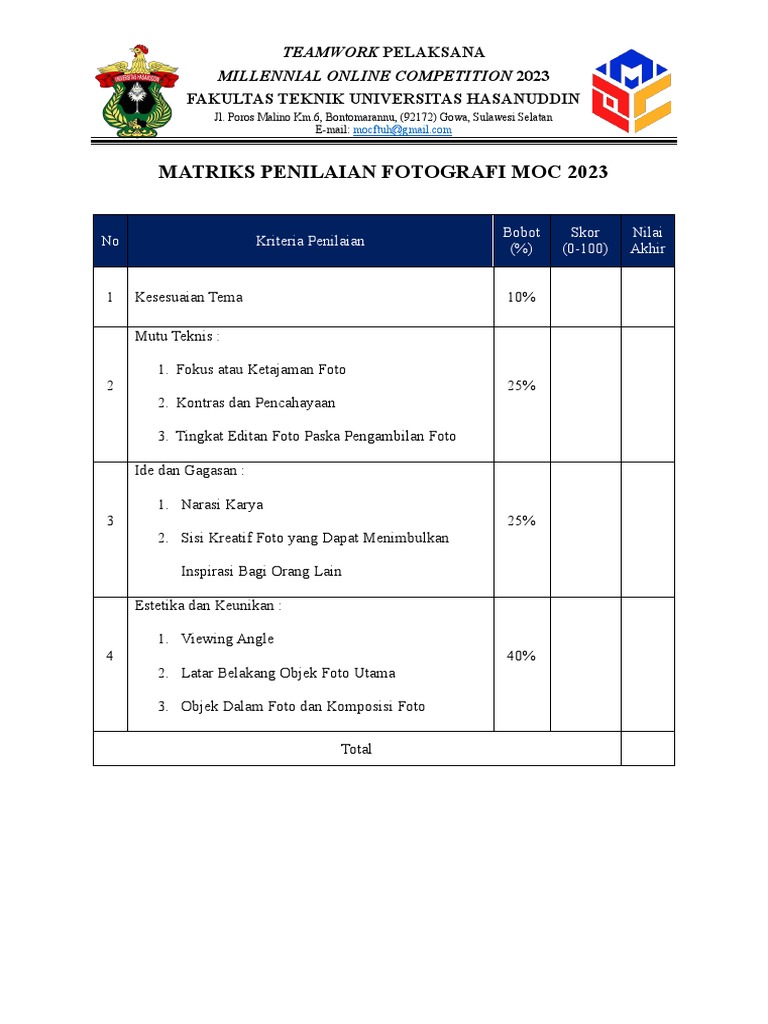 Matriks Penilaian Fotografi Moc 2023 Fix | PDF