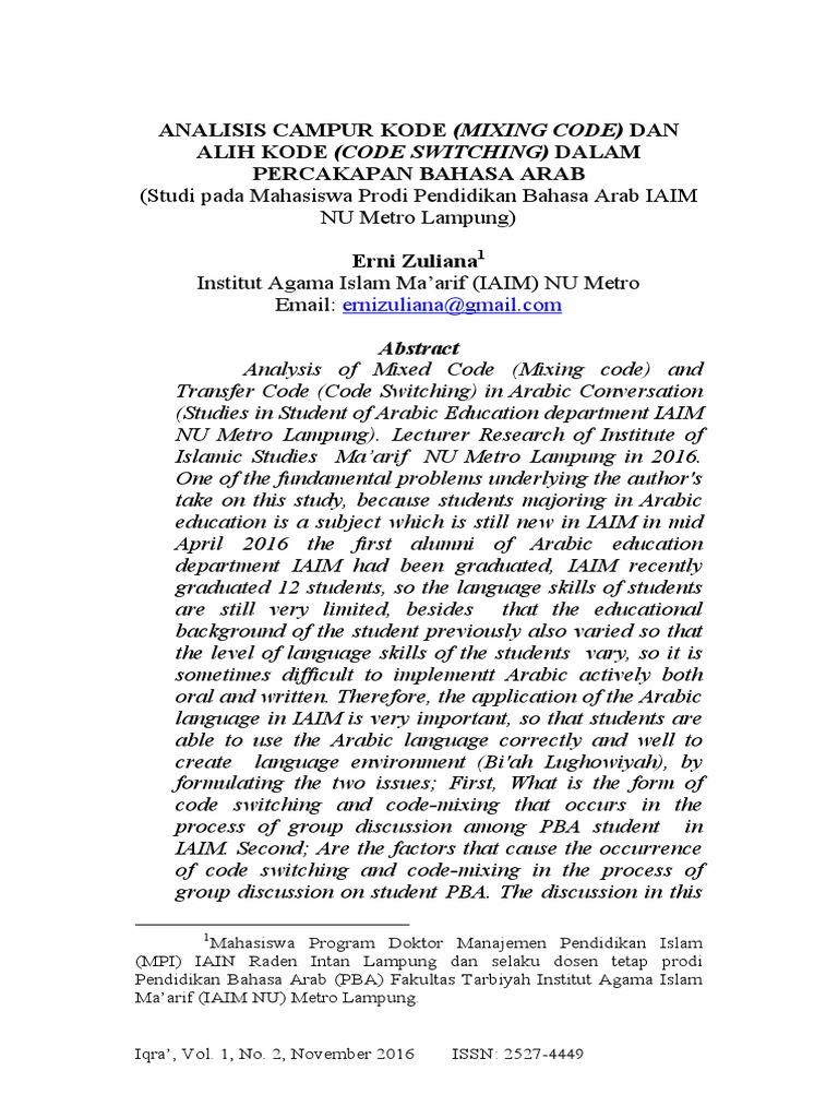 Analisis Campur Kode (Mixing Code) Dan Alih Kode (Code Switching) Dalam Percakapan Bahasa Arab ...