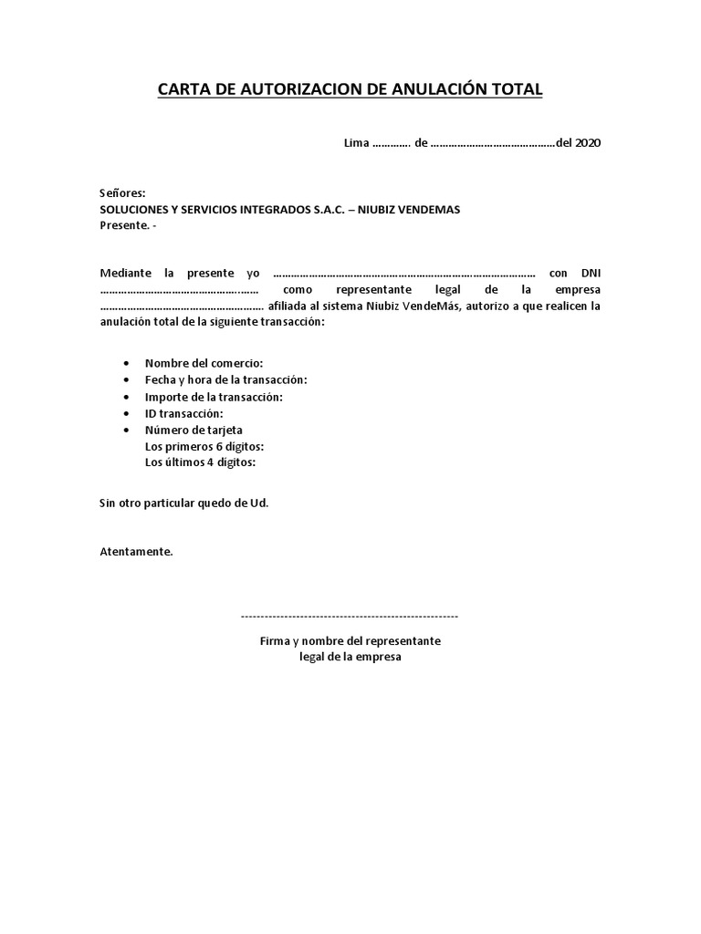 Carta de Autorizacion de Anulacion Total | PDF