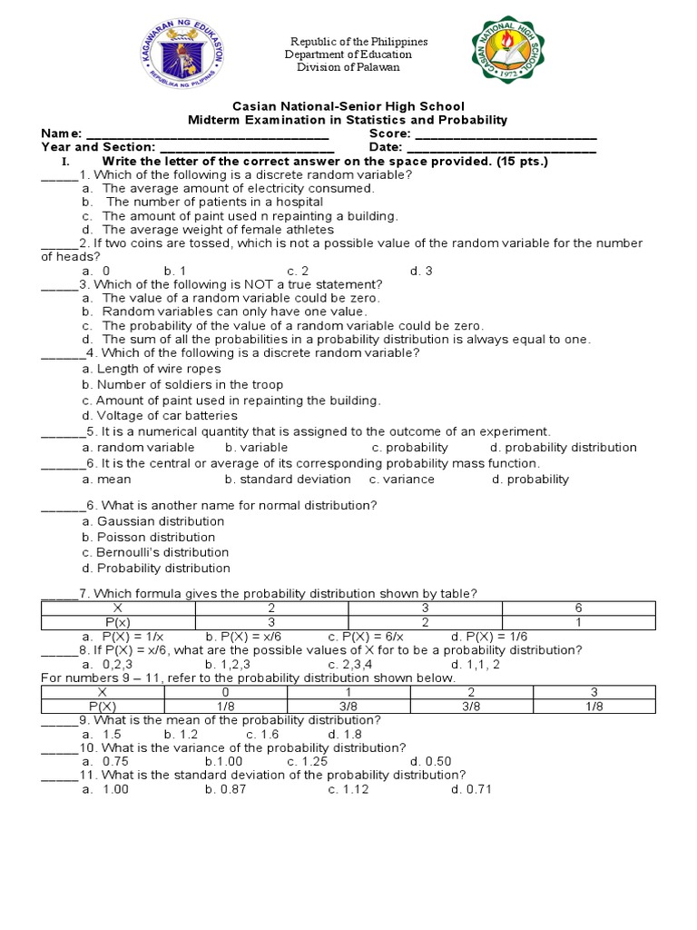 Midterm Exam in Statistics and Probability Grade 11 | PDF | Probability Distribution | Random ...