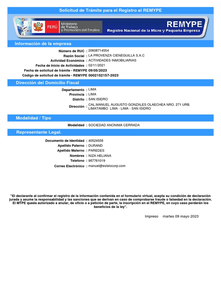 Provenza Inscripcion Mype Laboral | PDF